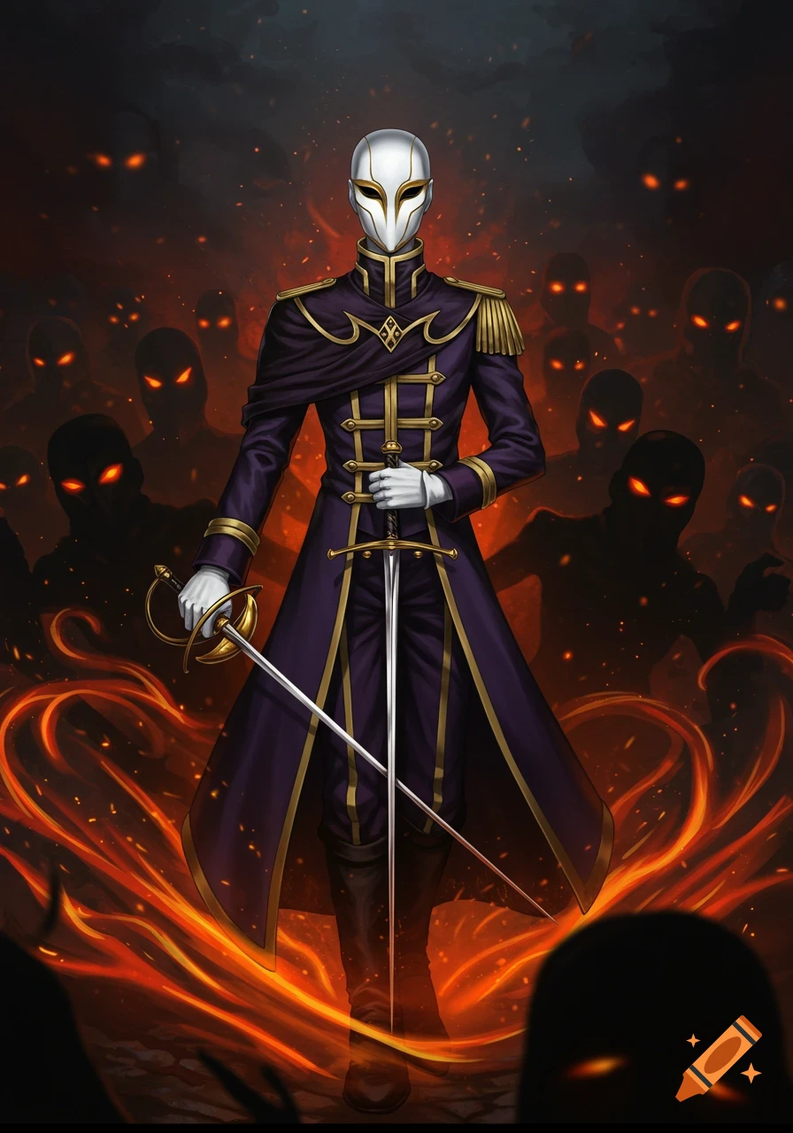 Masked figure in purple coat with swords surrounded by shadowy figures ...