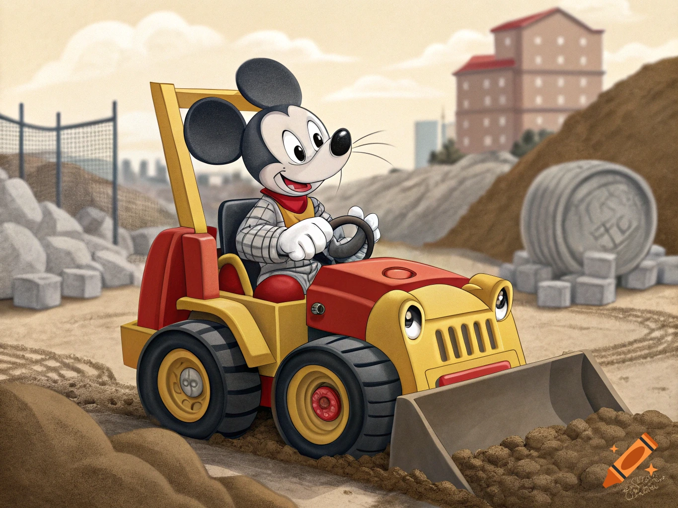 Cartoon mouse driving a bulldozer at a construction site on Craiyon
