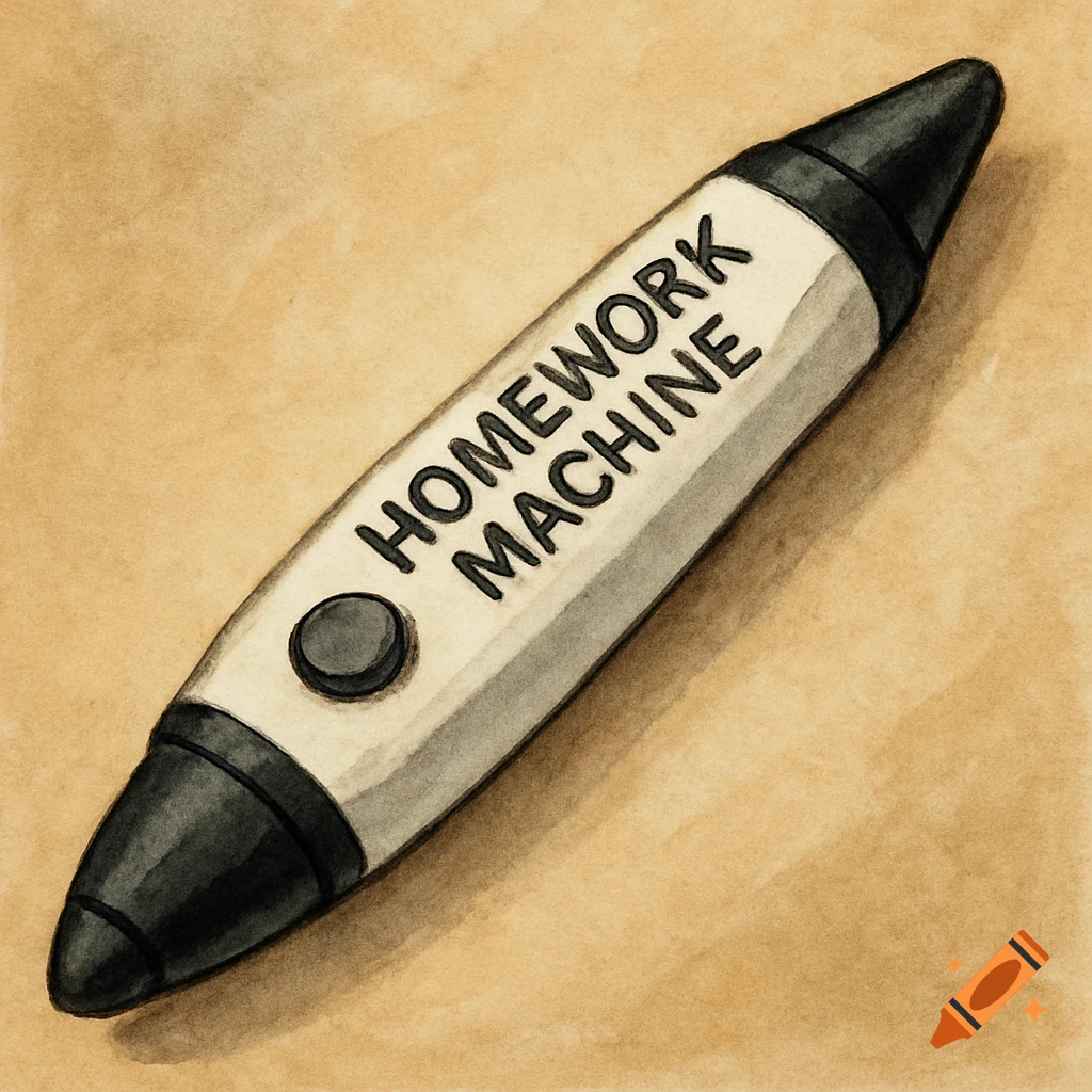 Watercolor illustration of a pen-like object labeled 'HOMEWORK MACHINE ...