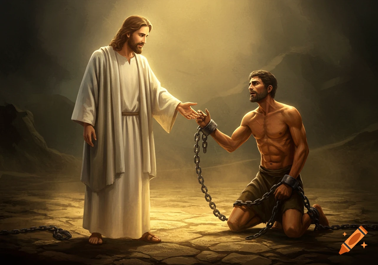 Jesus reaching out to a chained man in a spiritual fantasy setting. on ...