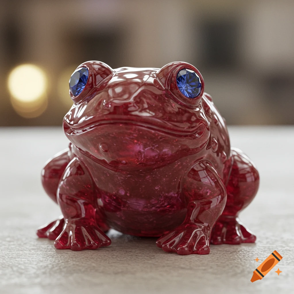Sparkling red ruby frog sculpture with blue sapphire eyes on Craiyon