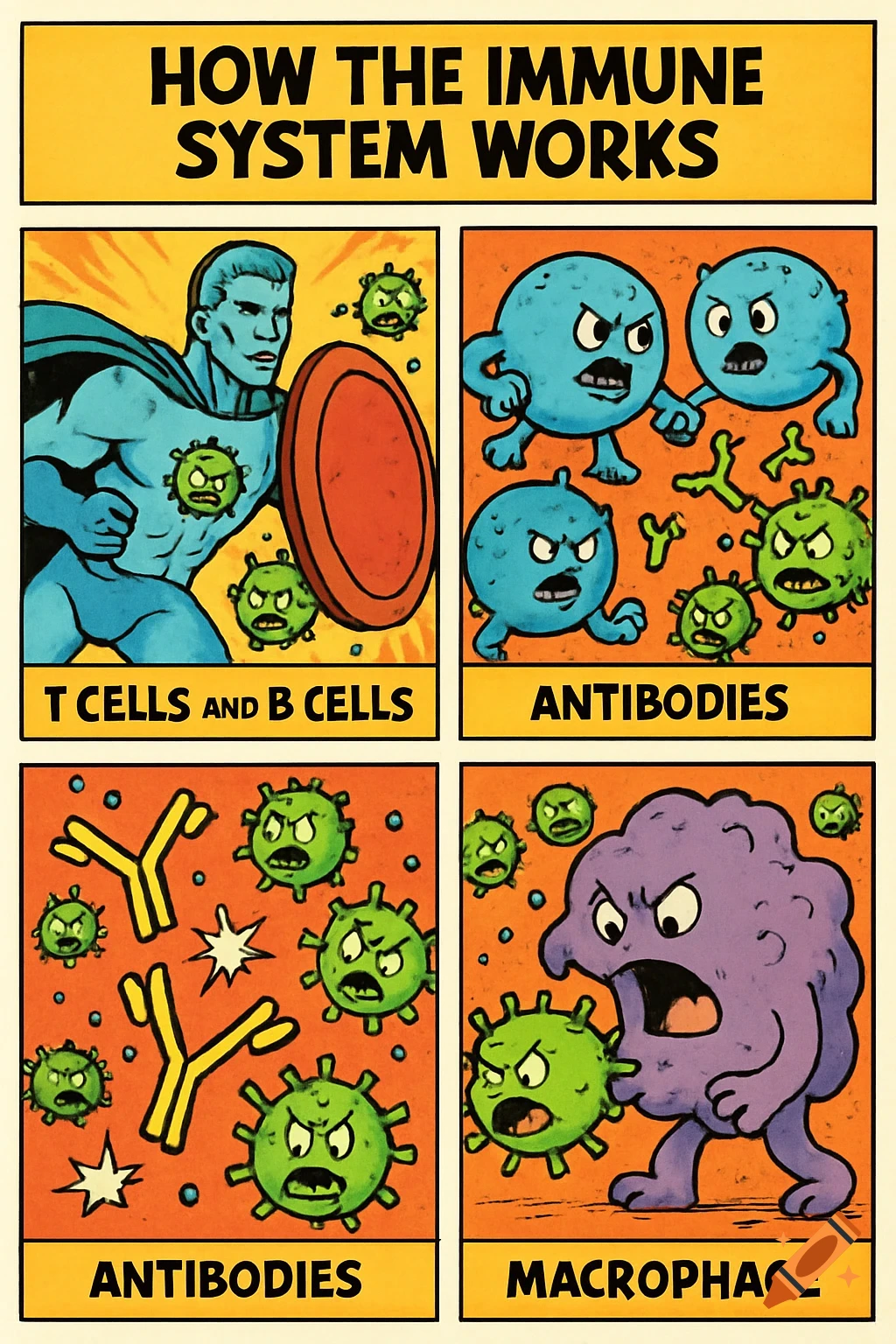 A comic book panel showing the immune system (T cells, B cells ...