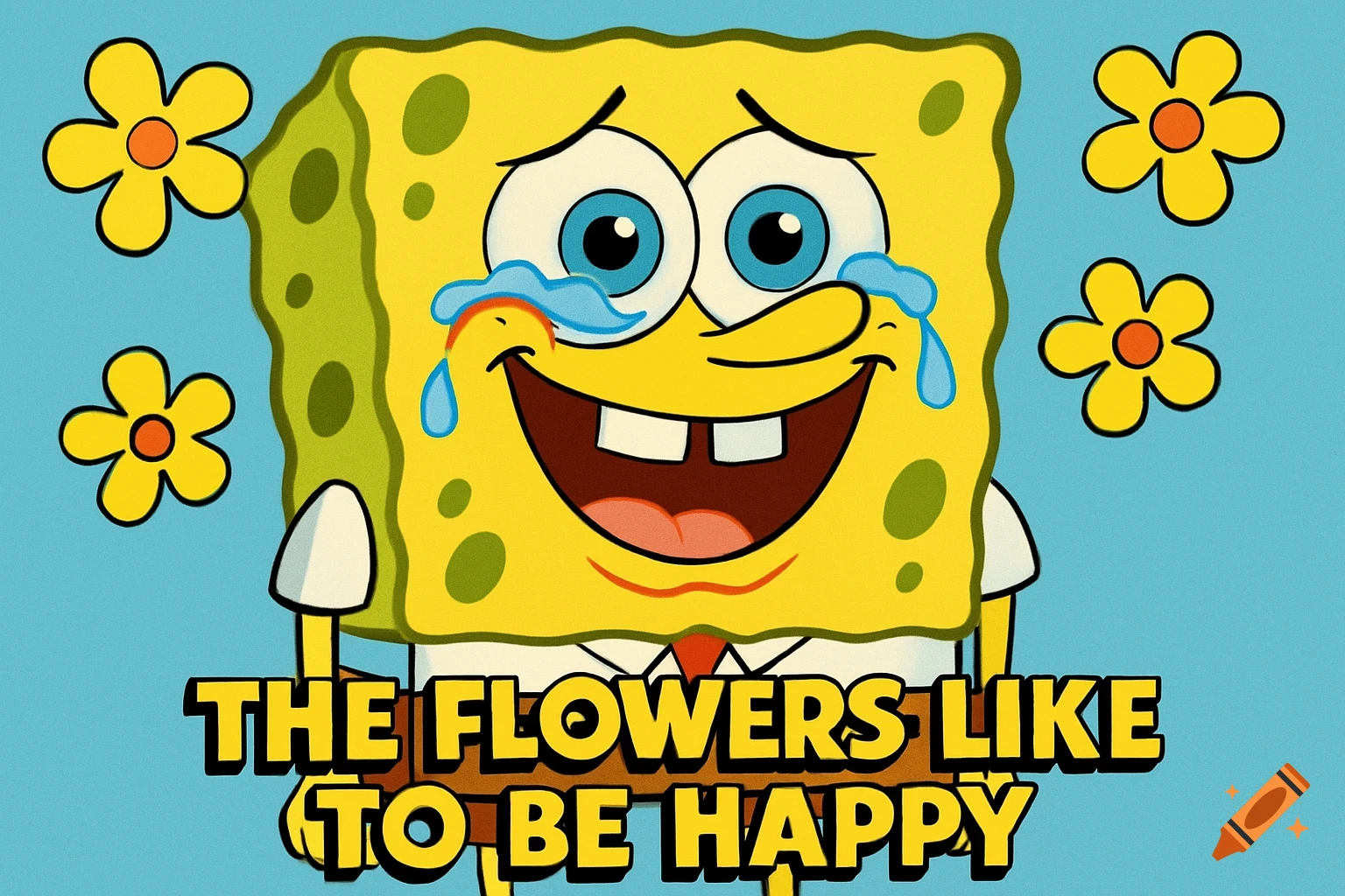 Cartoon Spongebob crying and smiling with the text 'THE FLOWERS LIKE TO ...