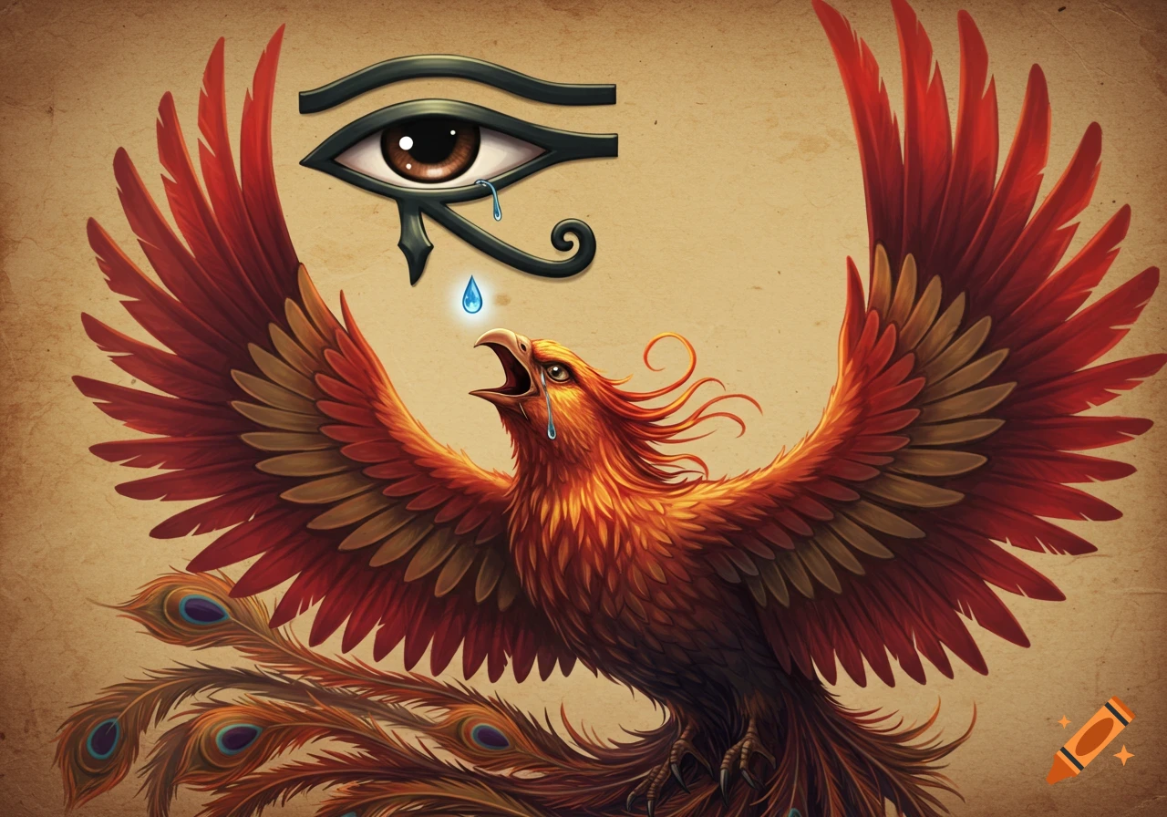 Vibrant illustration of a phoenix below an Eye of Horus with a falling ...