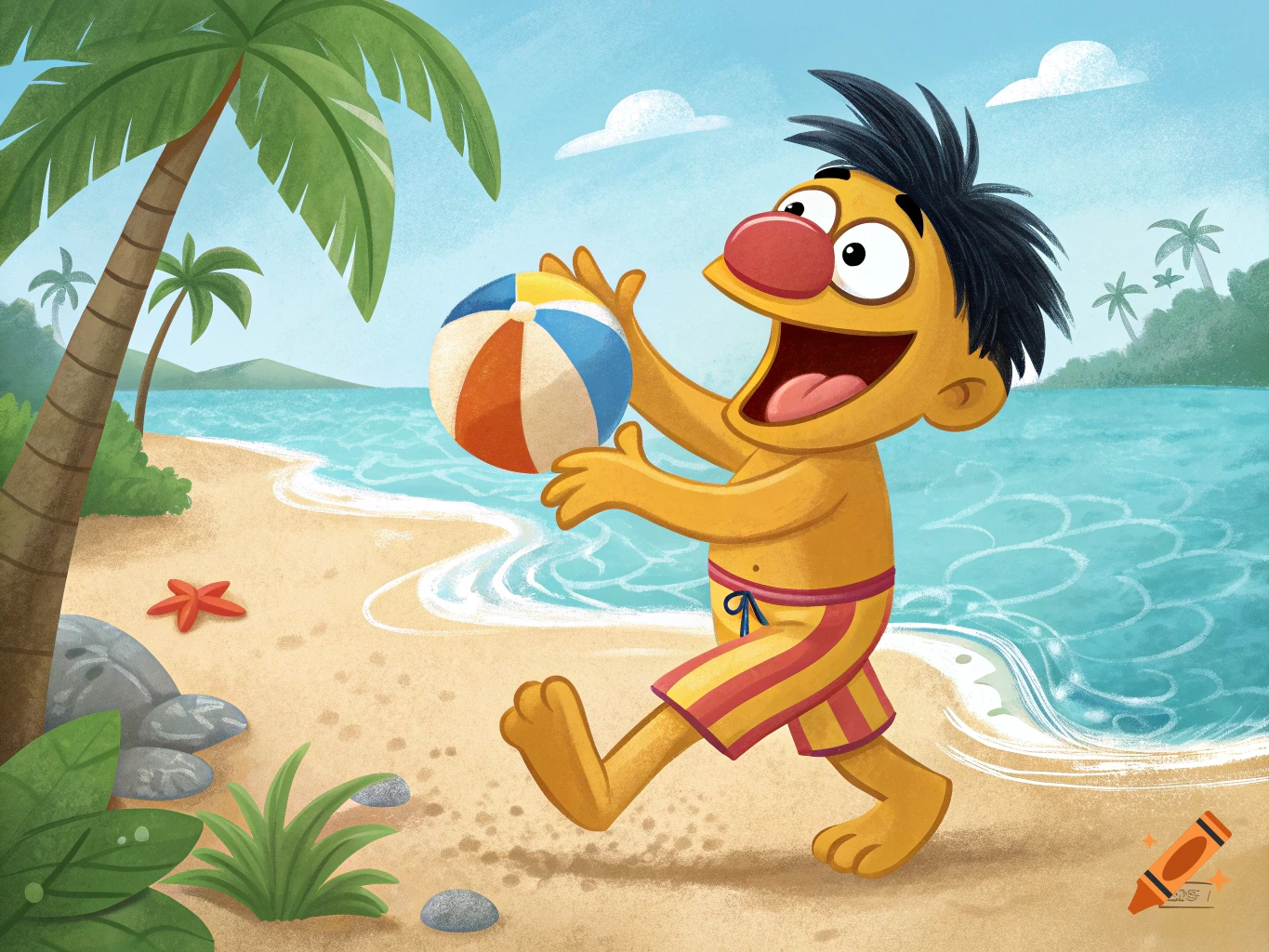 Cartoon illustration of Ernie from Sesame Street playing with a beach ...