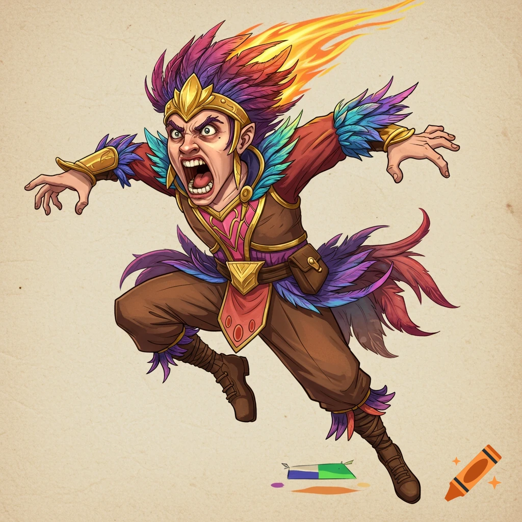A stylized angry character in a colorful feathered costume is jumping ...