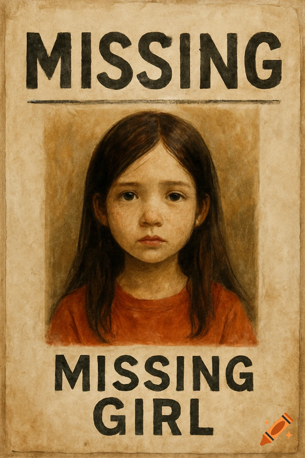 Illustration of a vintage missing poster with a girl's portrait and the words MISSING GIRL on ...