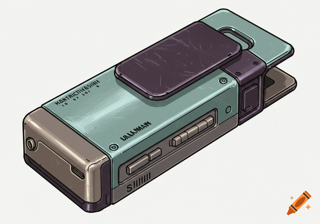 Detailed illustration of a walkman-like device with a belt clip on Craiyon