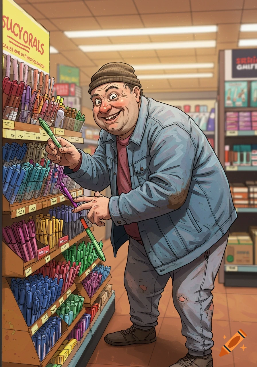 Cartoon illustration of a man stealing pens from a store shelf. on Craiyon