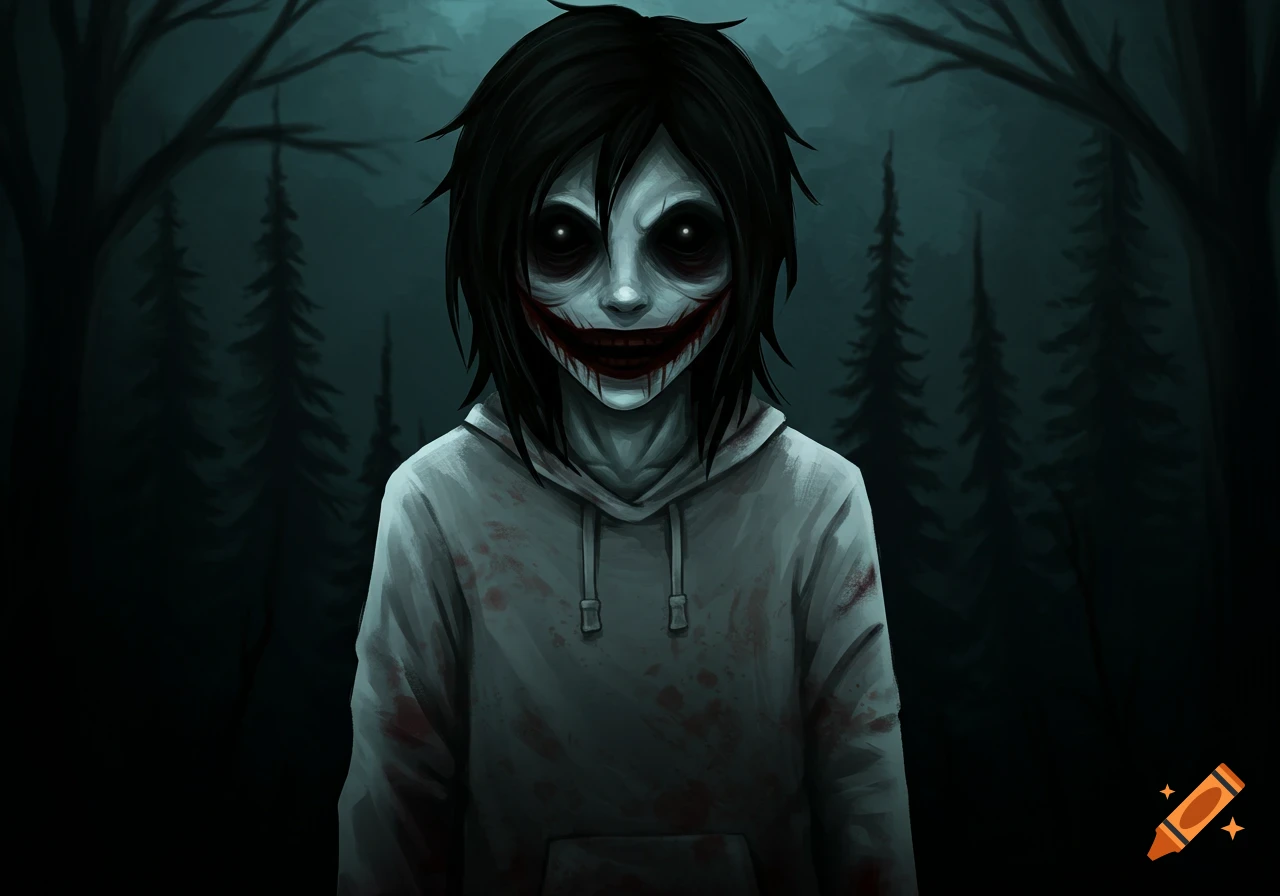 Stylized portrait of Jeff the Killer, a horror character with a wide bloody smile, in a dark ...