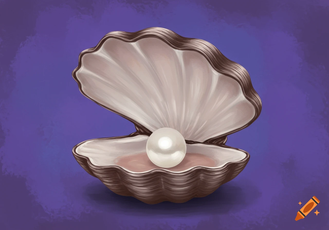 Digital painting of an open clam shell with a pearl on a purple ...