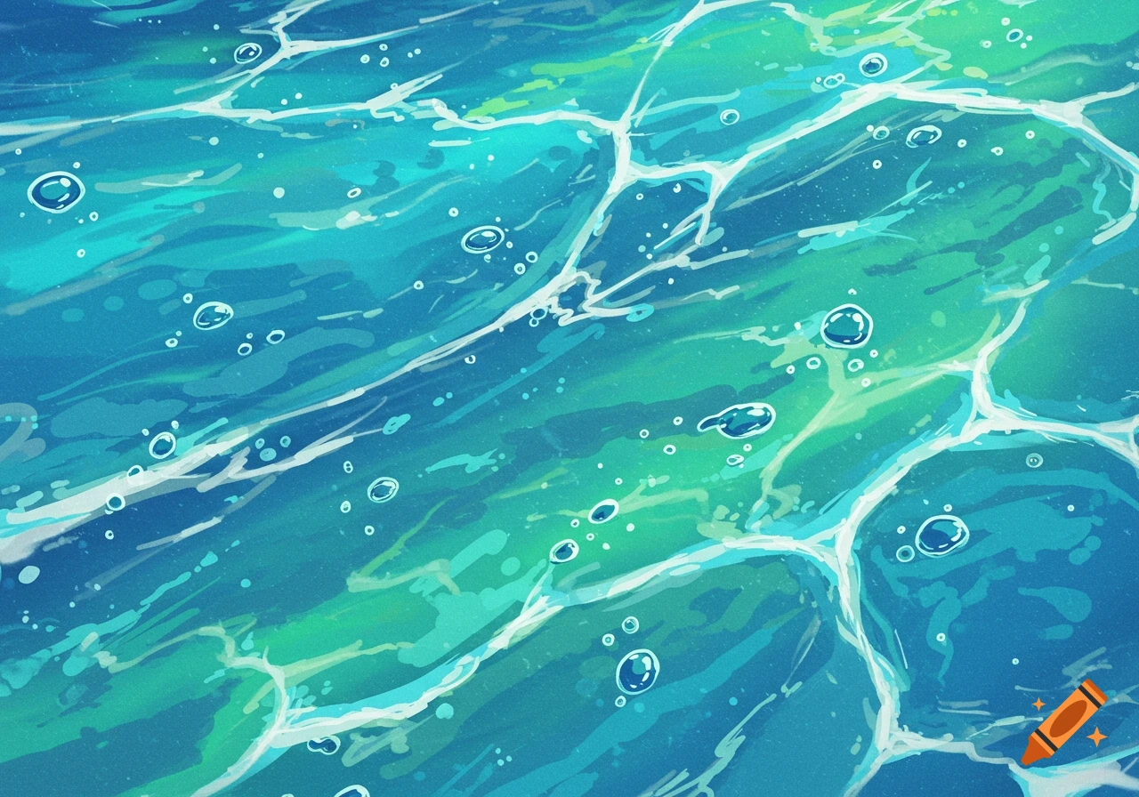 Close-up anime illustration of blue and green water with ripples and ...