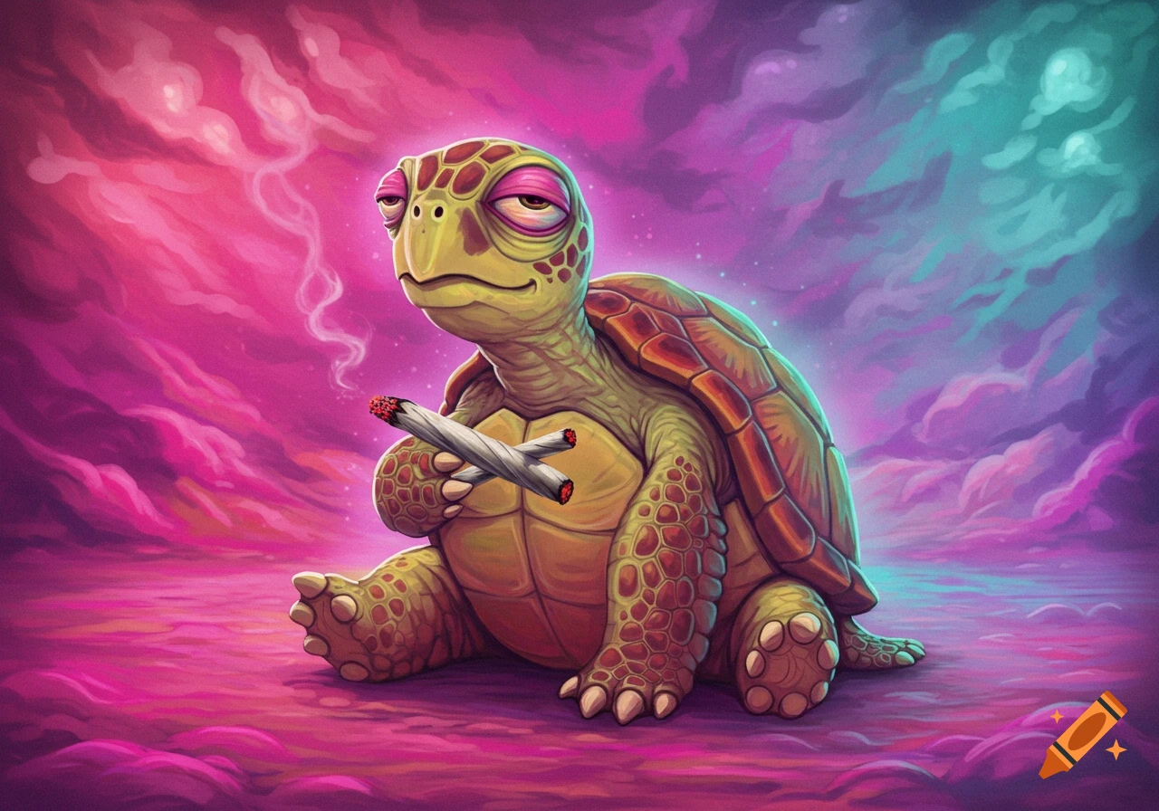 Cartoon turtle smoking a joint in a colorful, psychedelic landscape. on ...