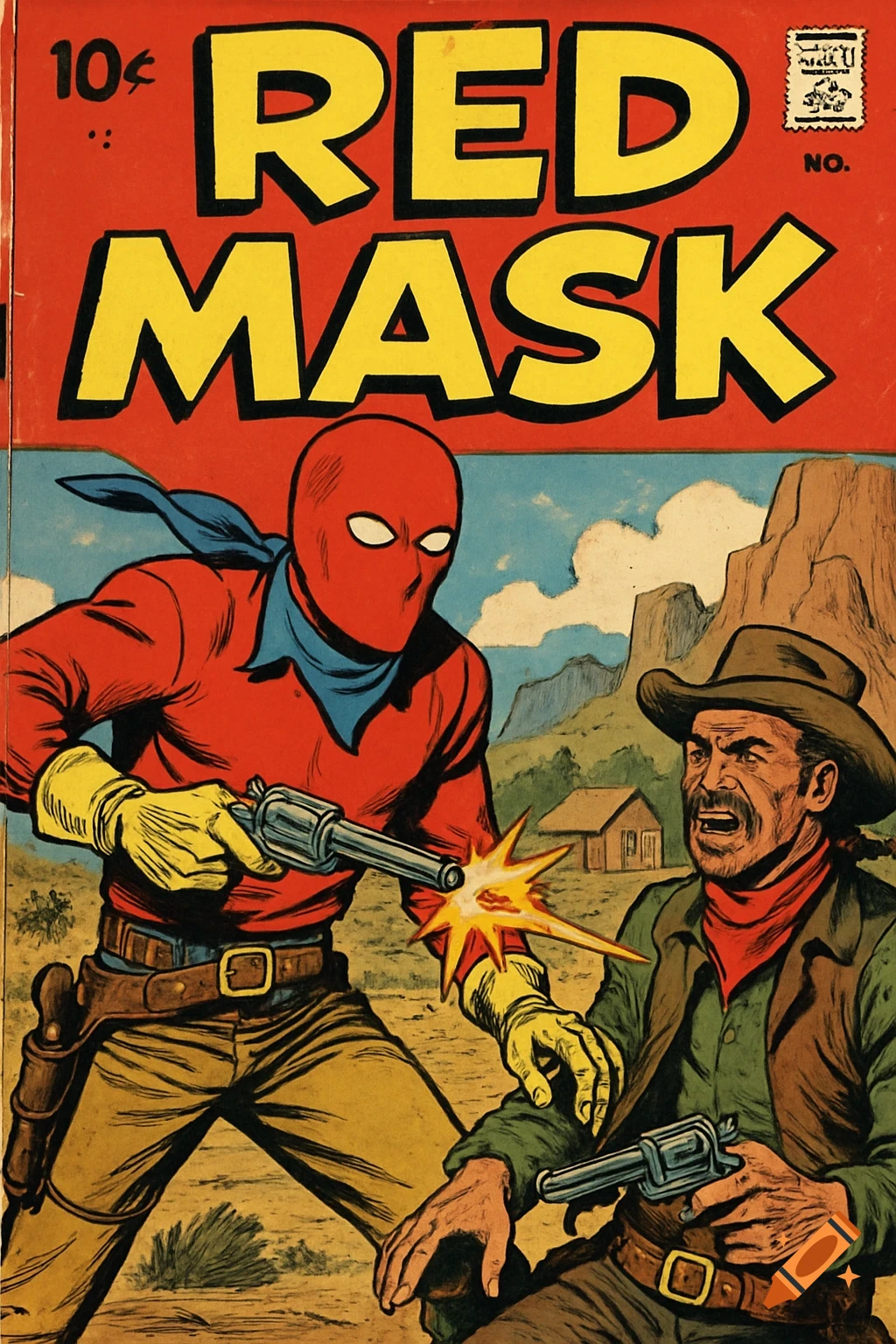 A vintage comic book cover features a red-masked hero shooting a cowboy ...