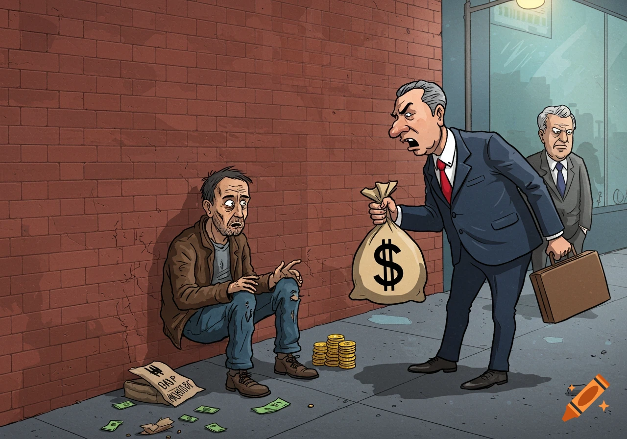 Political cartoon of rich businessman giving money to another ...