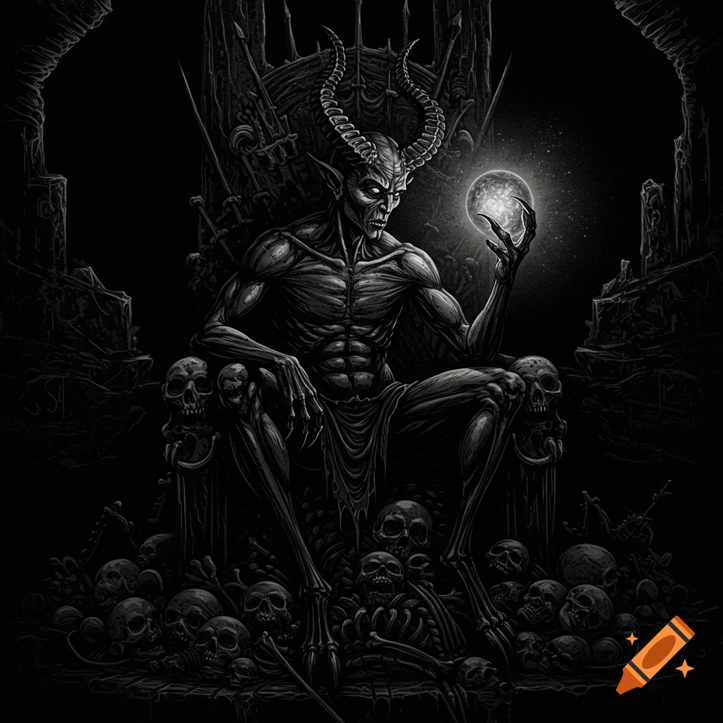 A demon sits on a throne of bones pondering an orb, in a medieval ...