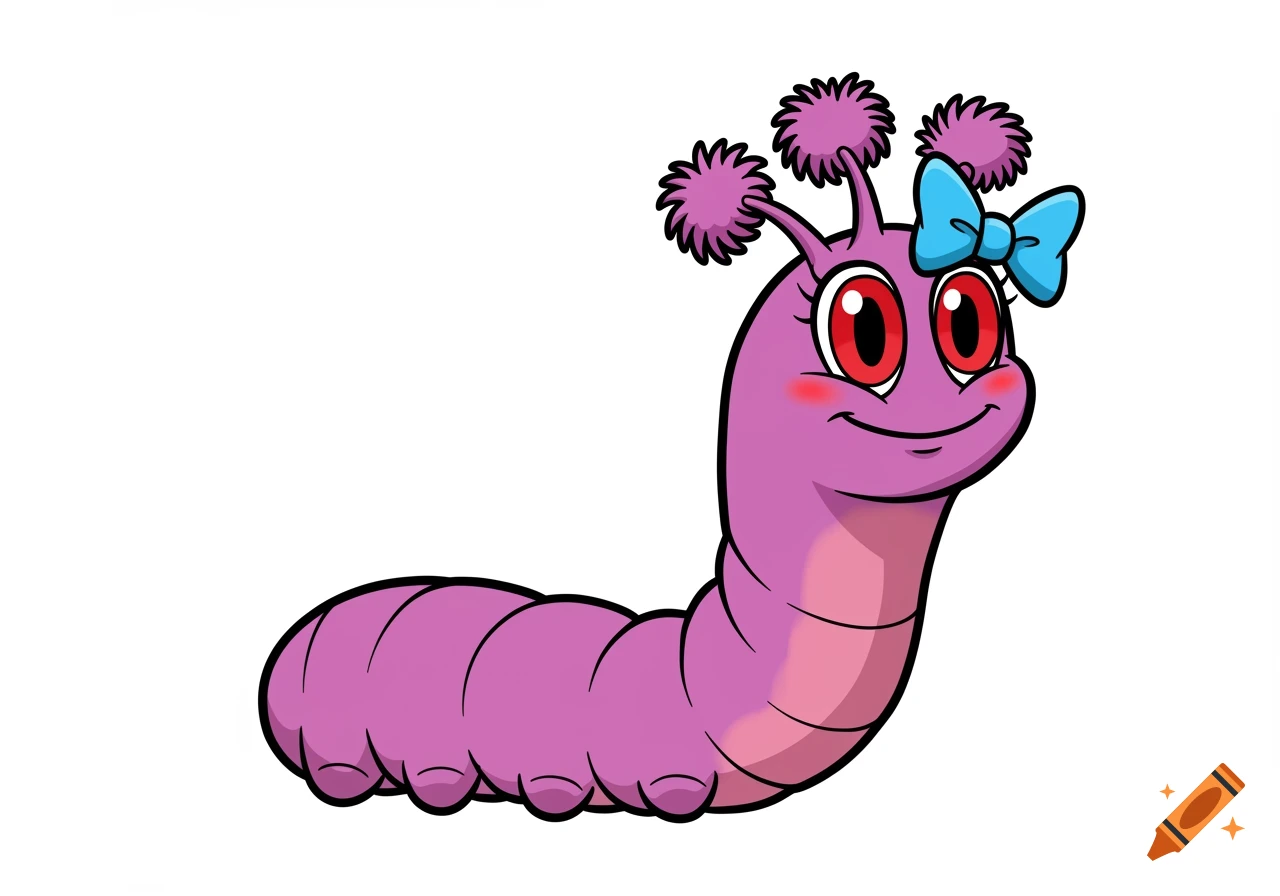 A cartoon purple worm with red eyes, a blue bow, and three purple ...