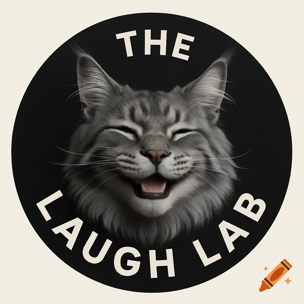 Round logo with a smiling grey Maine Coon cat and the text THE LAUGH ...