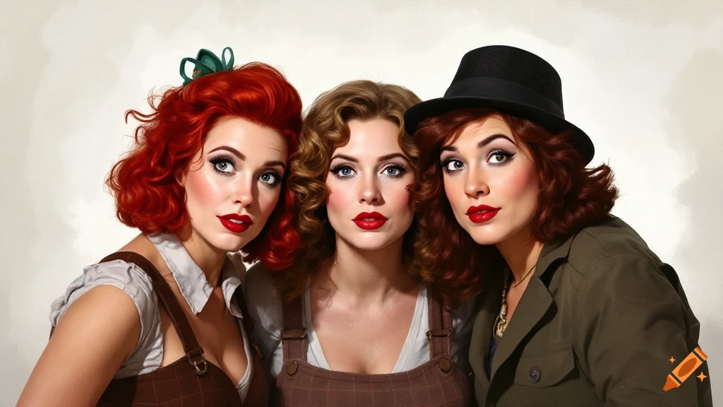 Close-up portrait of three women with distinctive makeup and hairstyles ...