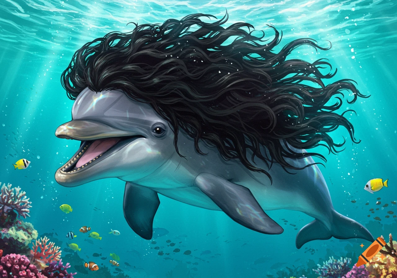 A dolphin with long black hair swims underwater near a coral reef with ...