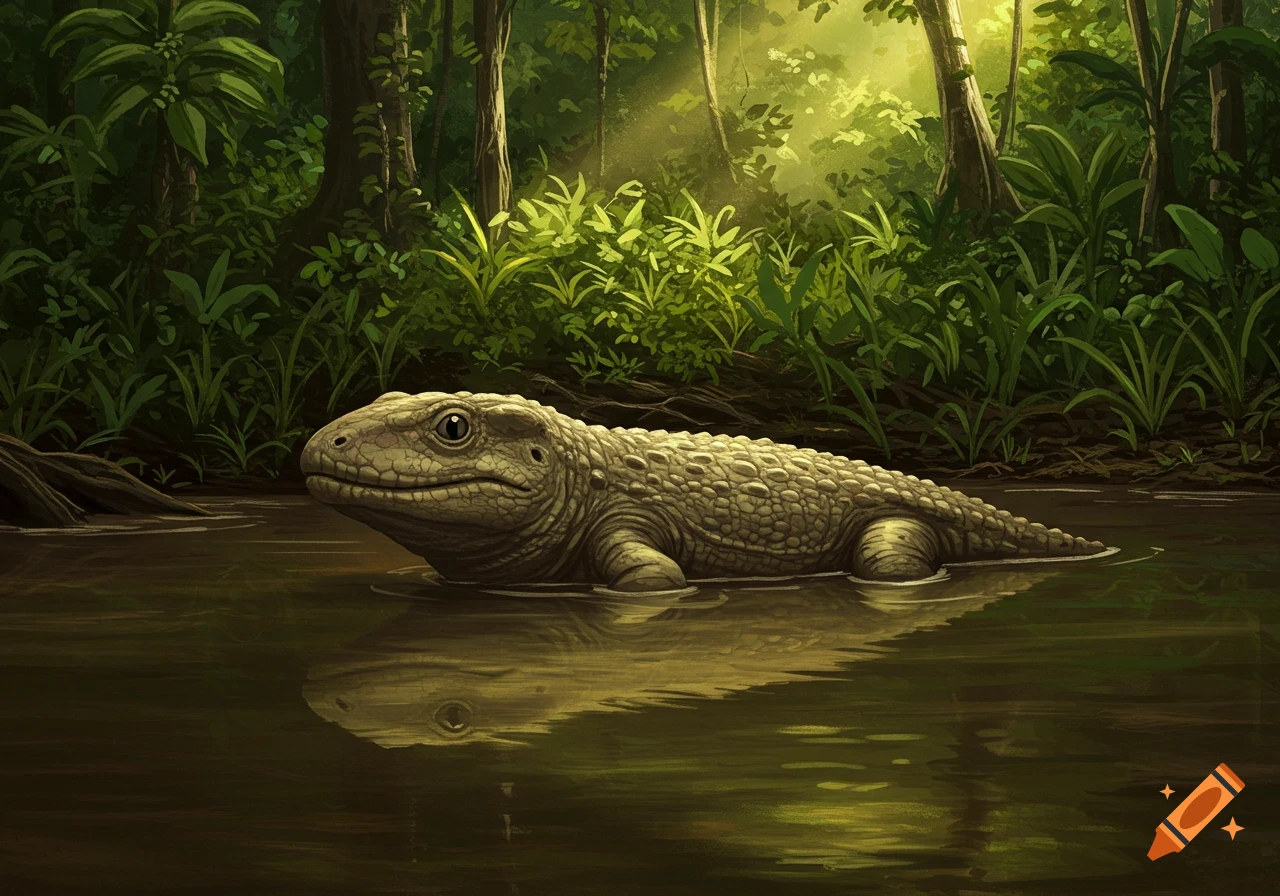 Illustration of a Temnospondyl prehistoric amphibian in a river in a ...