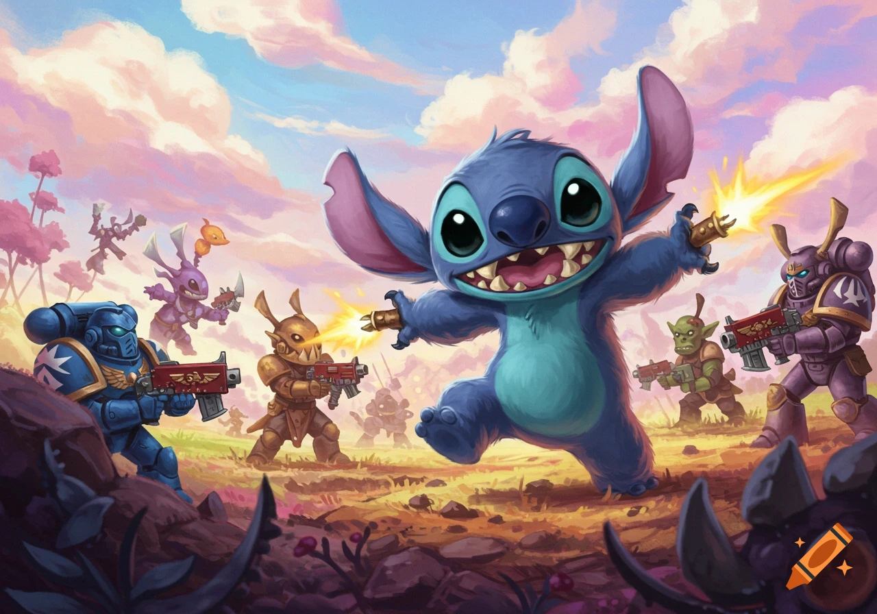 Stitch runs forward holding weapons in a battle scene with Warhammer ...