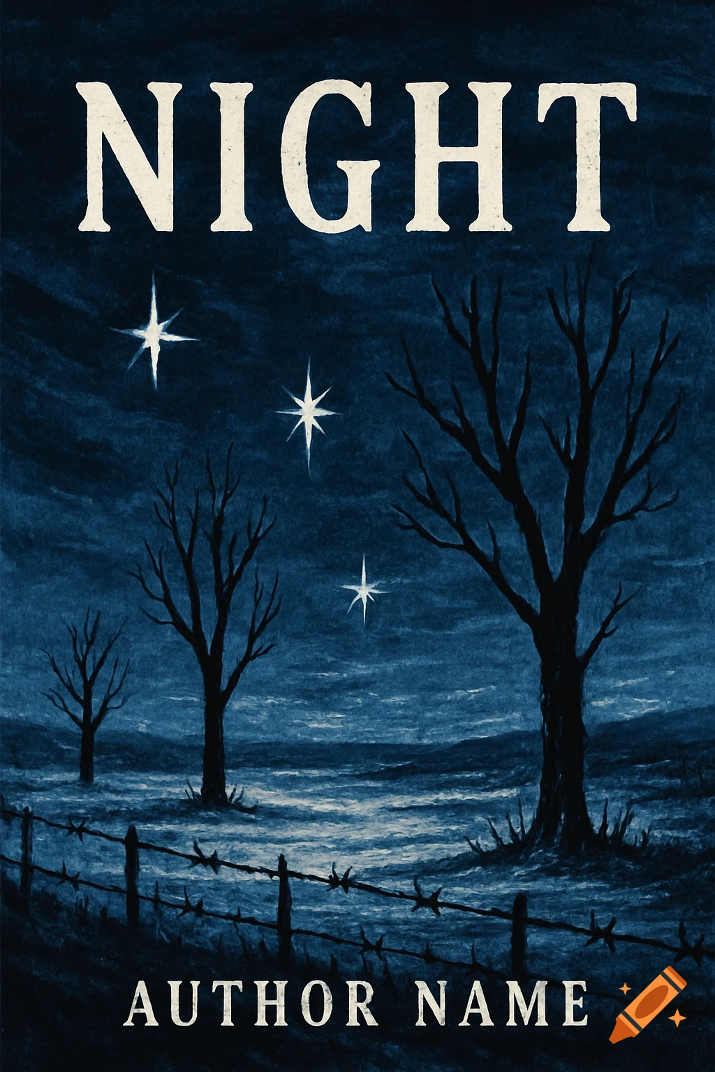 Book cover titled "Night" with a starry night sky, trees, and a barbed ...