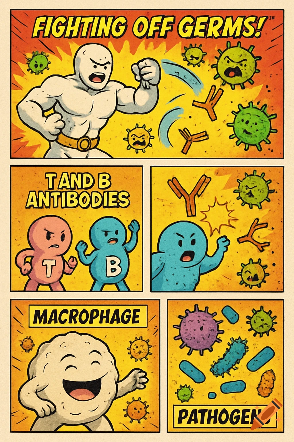 Comic book panel illustrating the immune system, showing a white blood ...