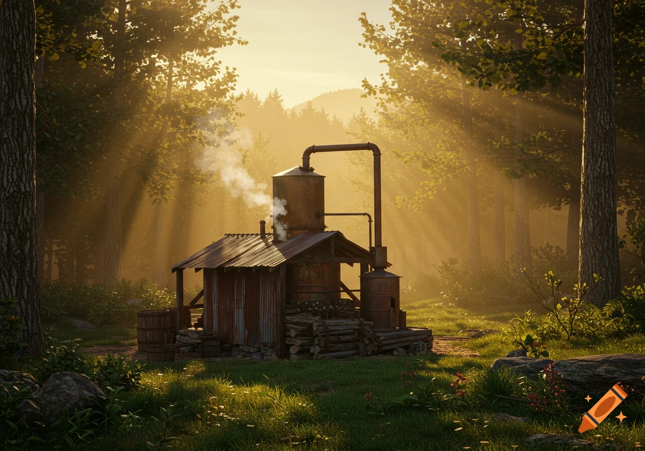 A rustic moonshine still sits in a clearing in a sunlit forest, with ...