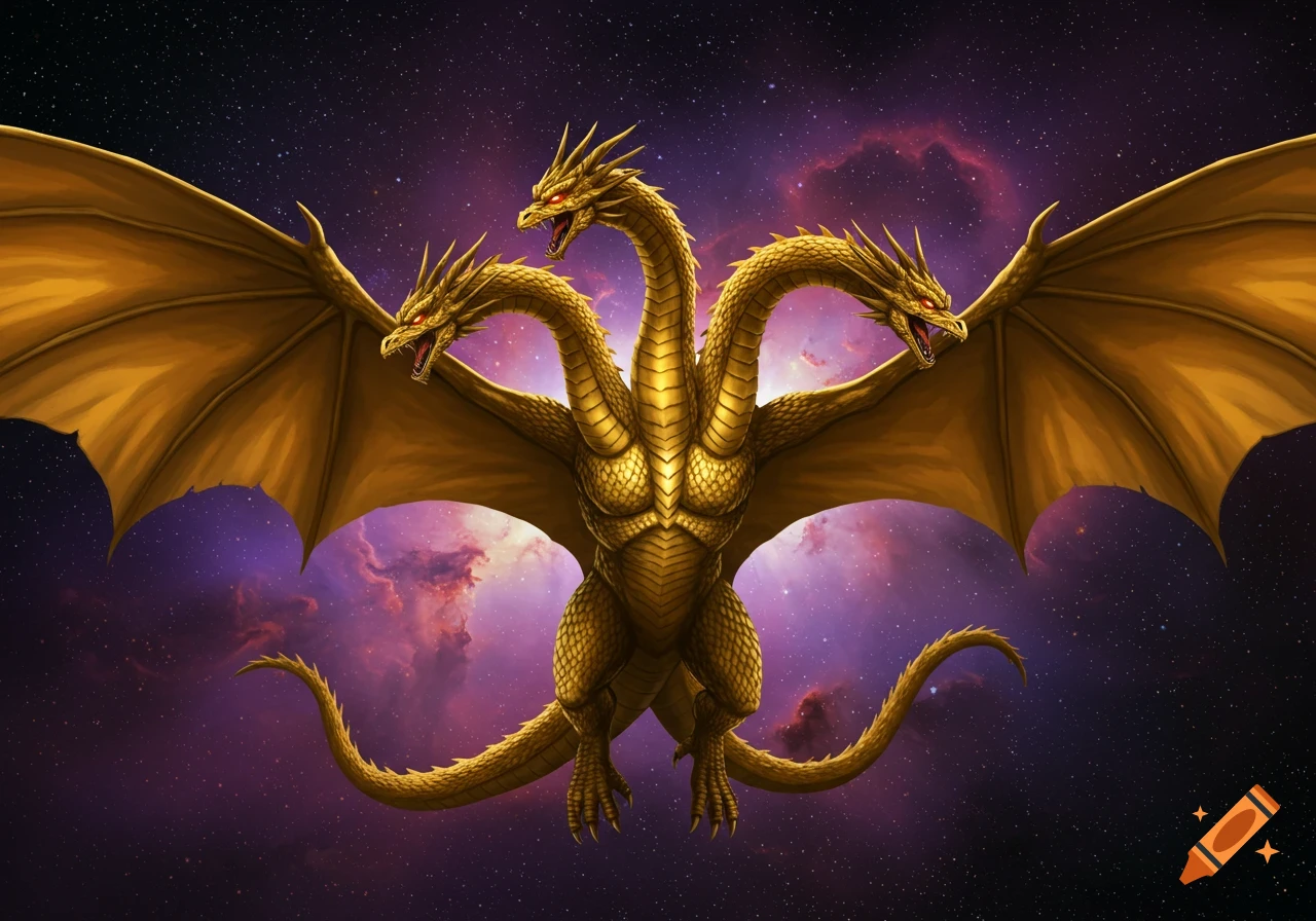 A golden three-headed dragon with large wings flies in space against a ...