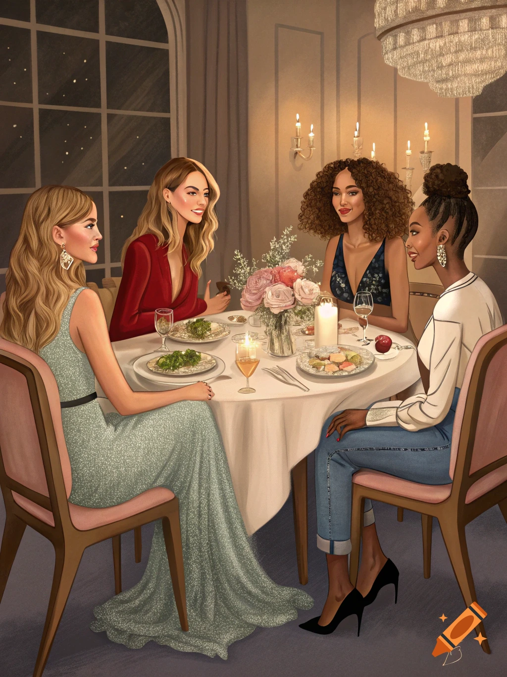 Illustration of four women dining at a formal table. on Craiyon