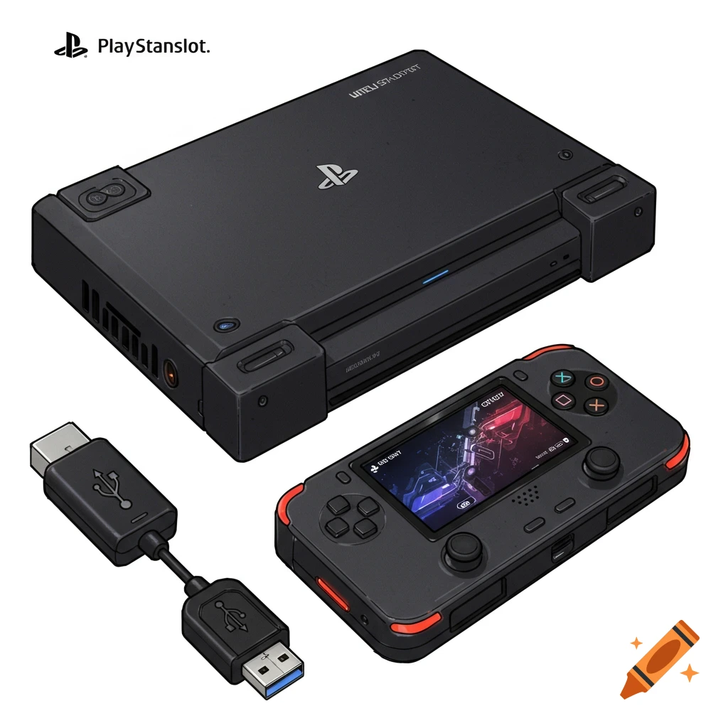 Isometric illustration of a black gaming console, handheld device, and USB cable on a white ...