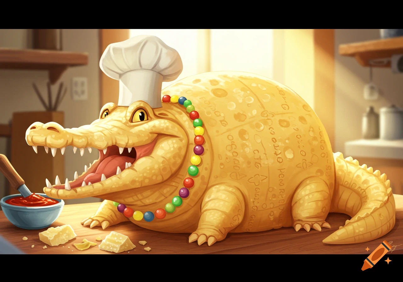 A cartoon alligator made of cheese wears a chef hat and candy beads ...