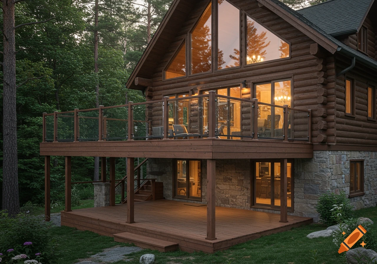 Two-level deck with glass railing on a log cabin. on Craiyon