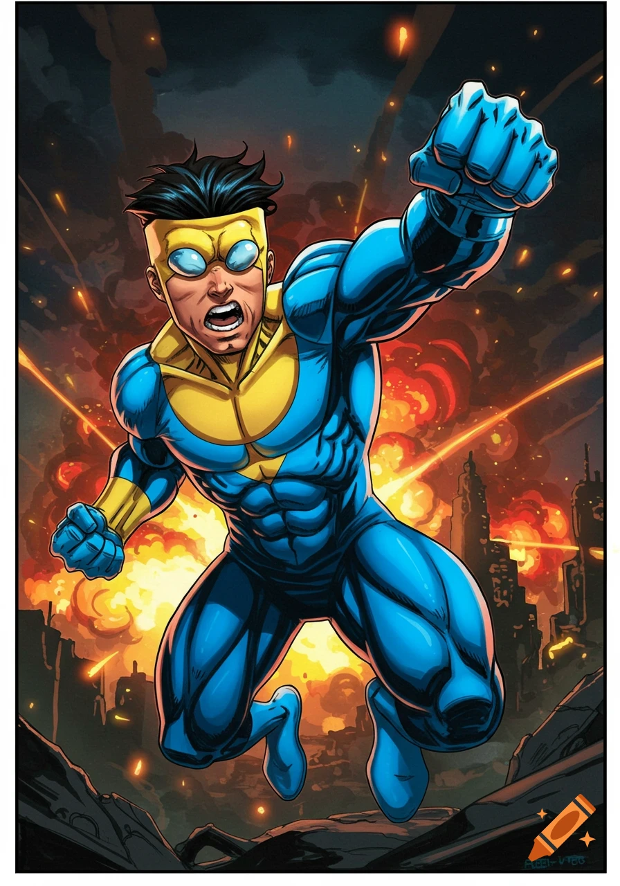 Invincible flying in a dynamic pose against a background of explosions ...