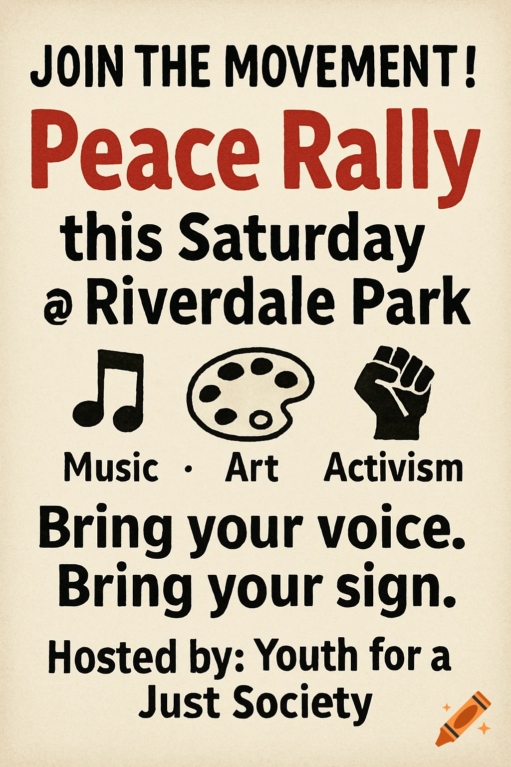 Protest flyer for a Peace Rally with text and graphics on Craiyon
