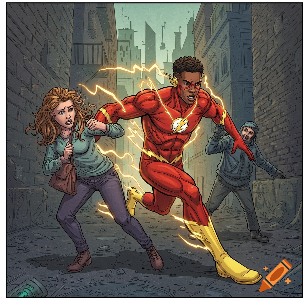 Comic book illustration of Black Flash saving a woman from a robber in ...