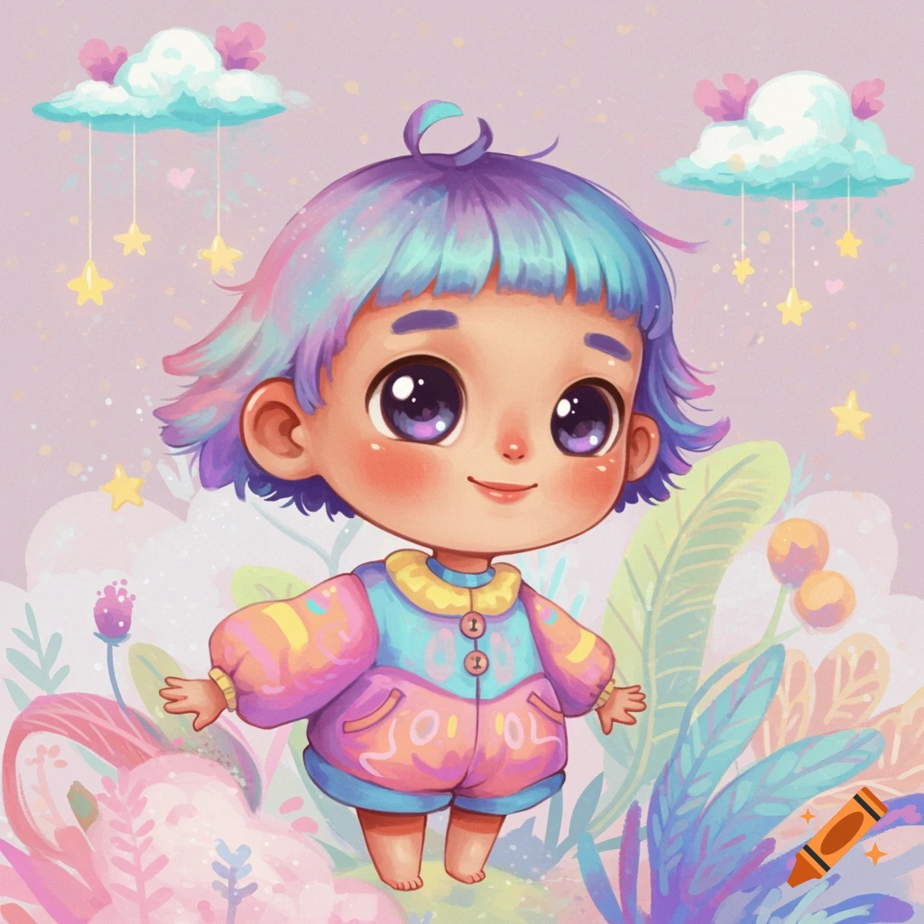 Cute chibi-style character illustration with colorful hair and outfit ...