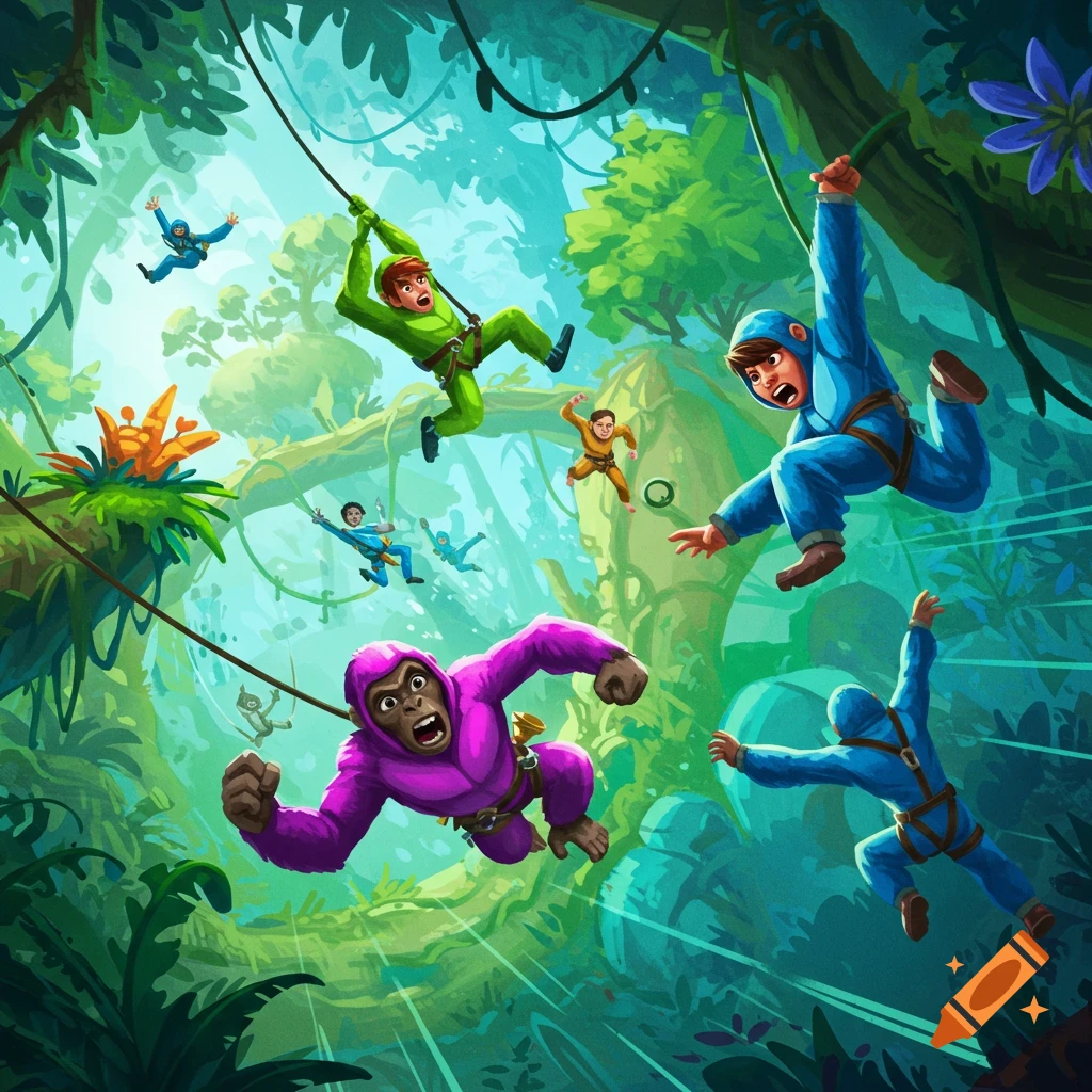 Cartoon monkeys swing on ropes through a vibrant, lush jungle scene. on ...