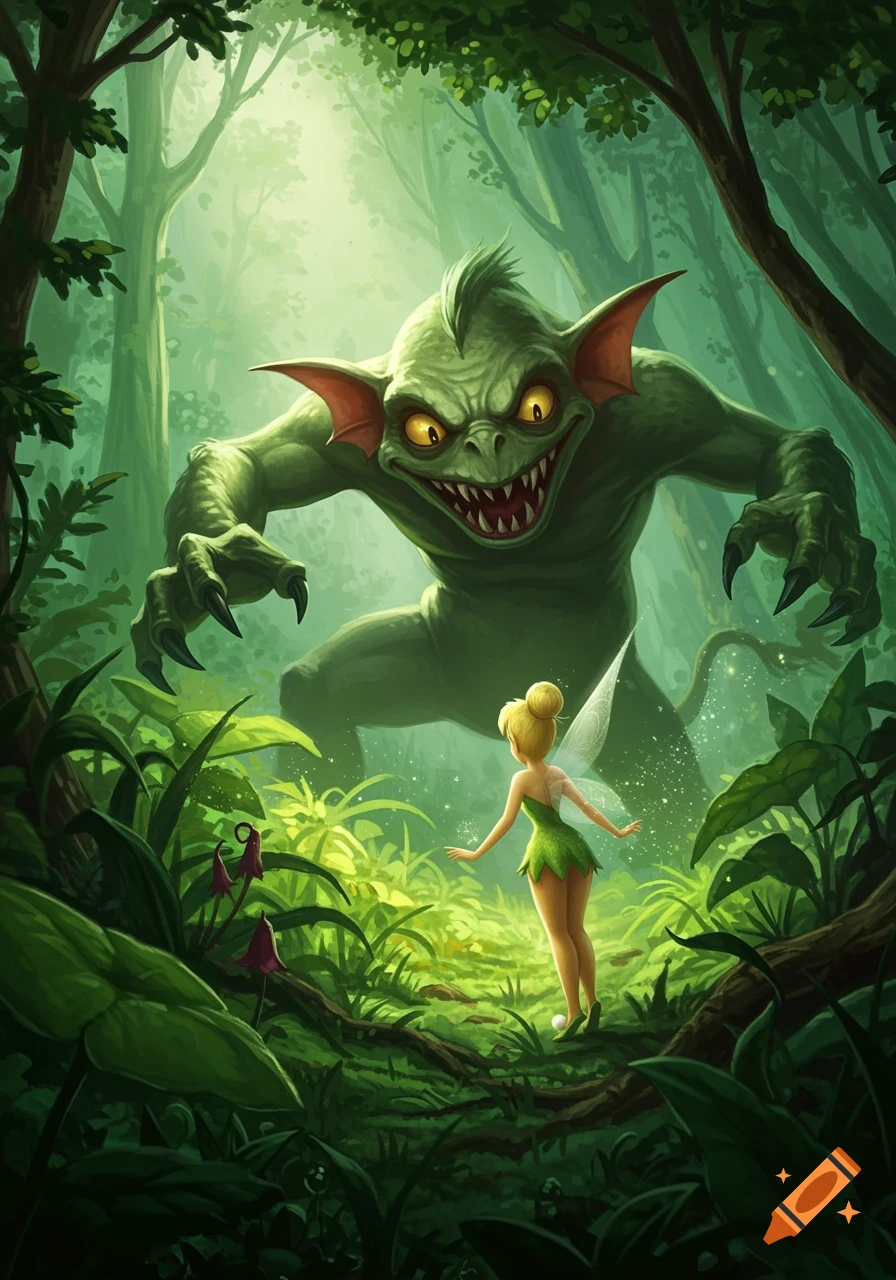 A fantasy illustration of a large green monster looming over a small ...