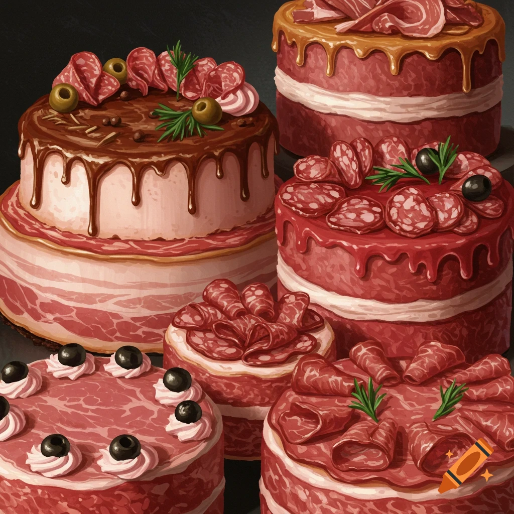 Several cakes decorated with meat, including salami, bacon, and ...