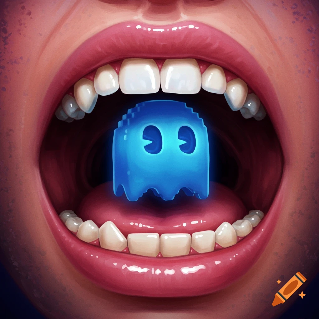 Blue pixelated video game ghost floats inside a human mouth with teeth ...