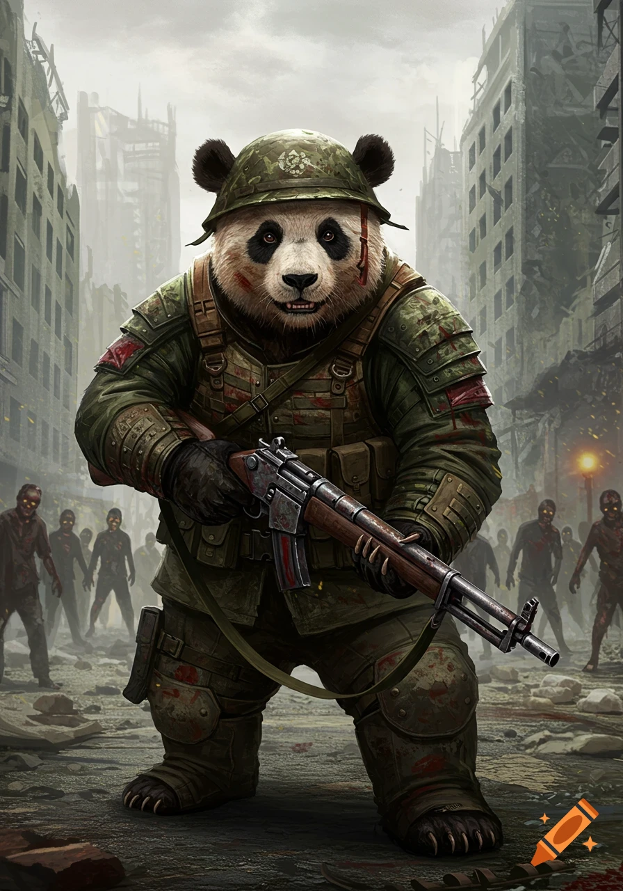 A panda soldier in military gear holds a rifle while facing zombies in ...