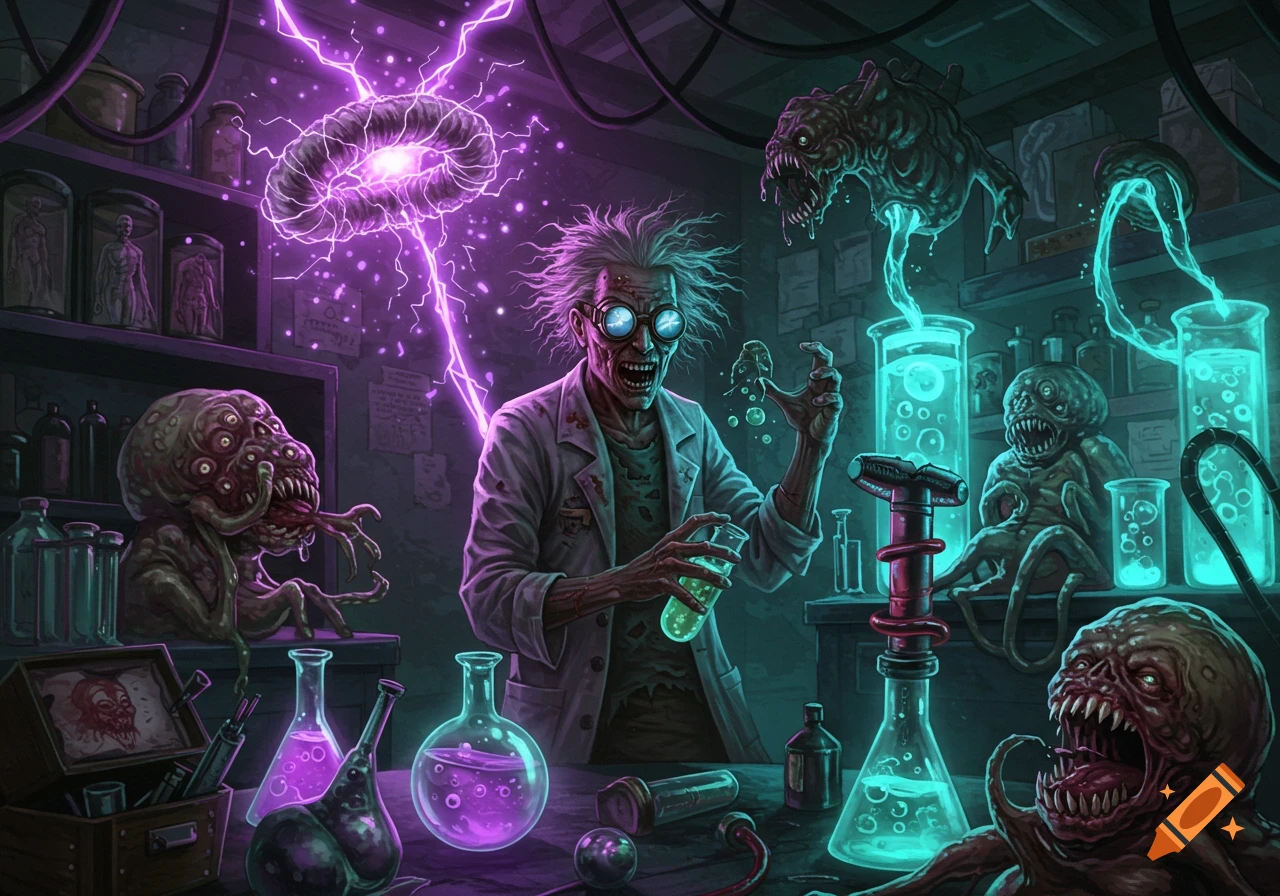 Illustration of a mad scientist experimenting with grotesque creatures ...