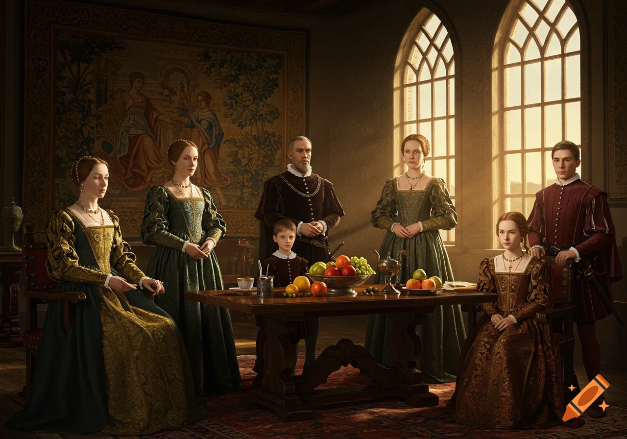 A Renaissance family poses for a portrait around a table in a grand ...