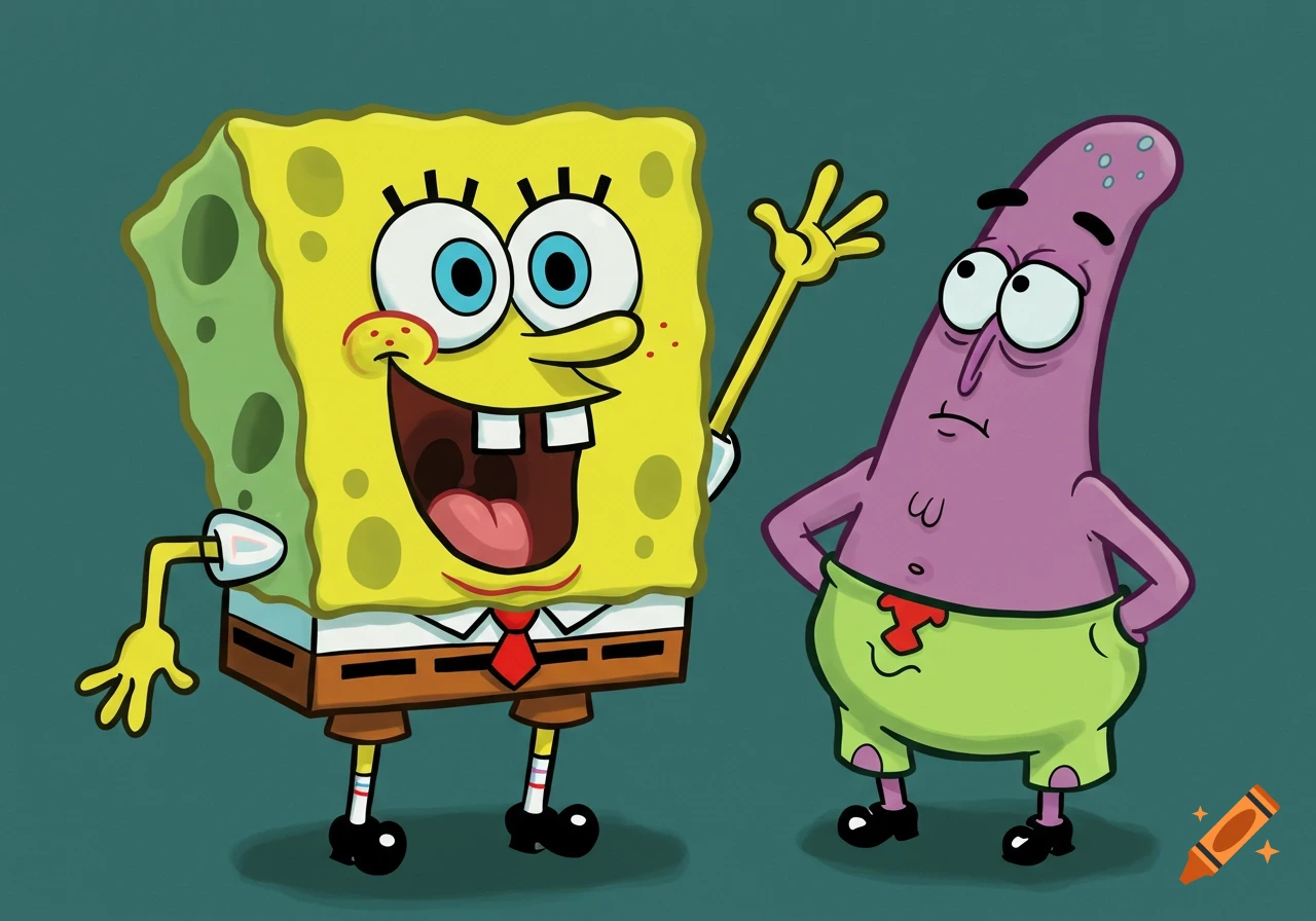 SpongeBob SquarePants waving next to Patrick Star. on Craiyon