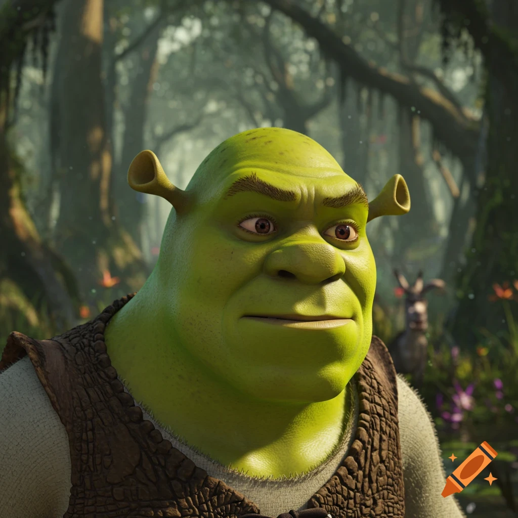 Close-up portrait of Shrek in a detailed forest swamp scene. on Craiyon