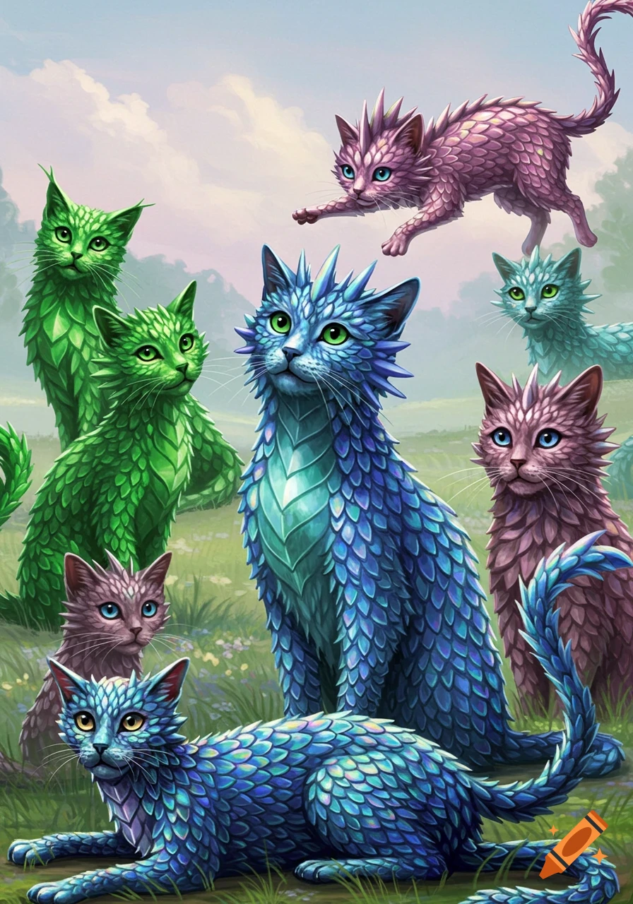 Group of fantasy cats with colorful dragon scales sit and leap in a ...
