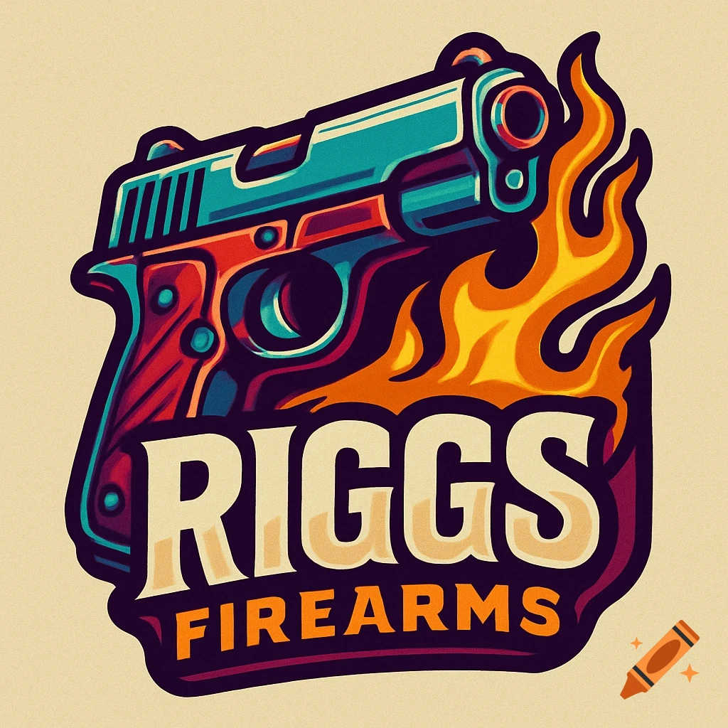 Stylized logo for Riggs Firearms featuring a handgun engulfed in flames ...
