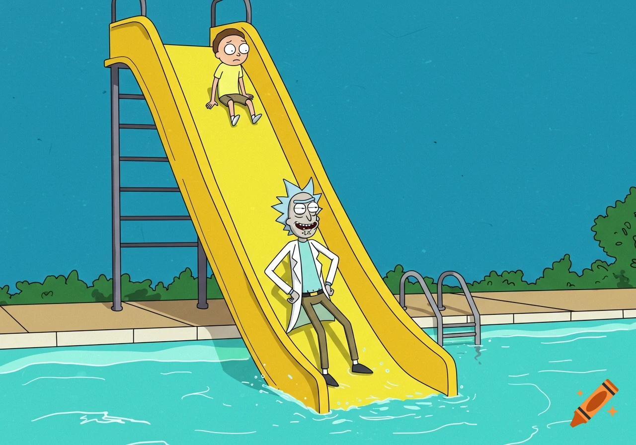 Rick stands at the bottom of a yellow water slide in a pool while Morty ...